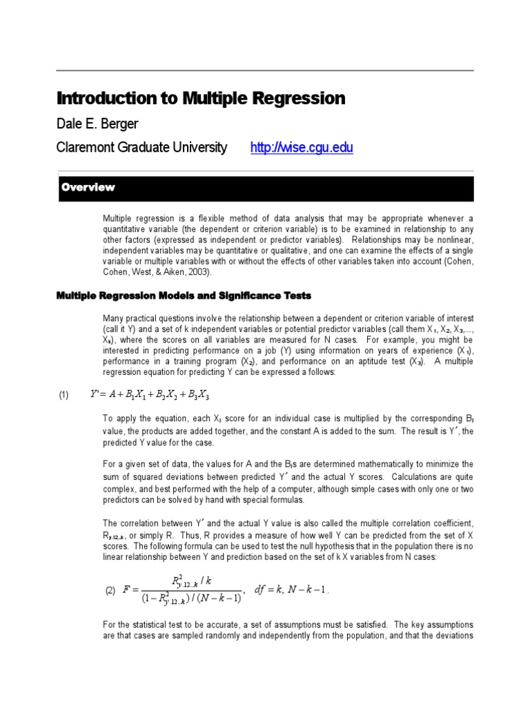 Introduction To Multiple Regression: Dale E. Berger Claremont Graduate University | PDF ...