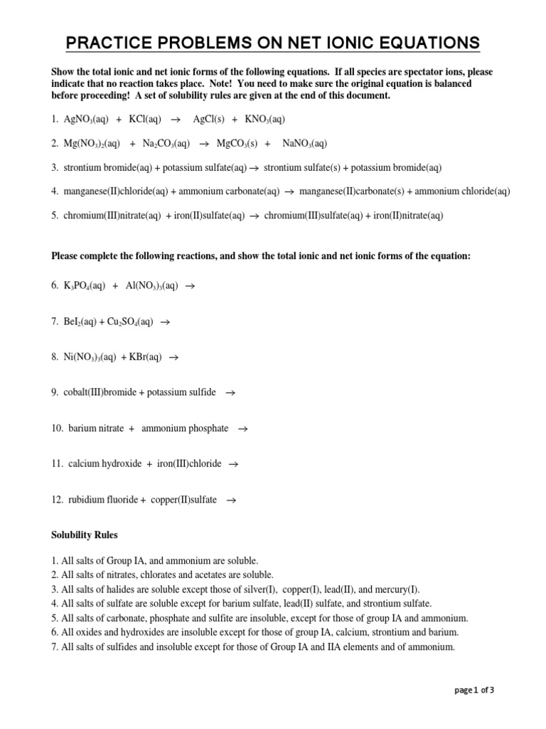 Practice Problems On Net Ionic Equations | PDF | Salt (Chemistry ...