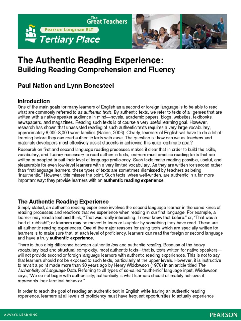 Authentic Reading Experience | PDF | Reading Comprehension | Reading ...
