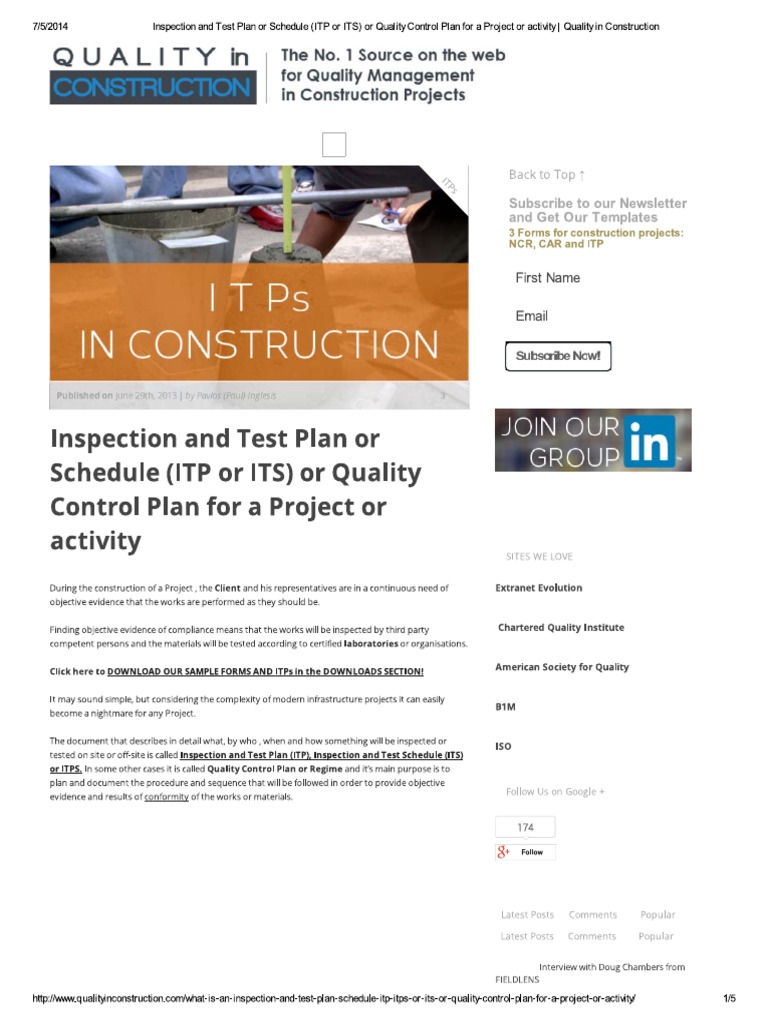 Inspection and Test Plan..Construction Projects | PDF