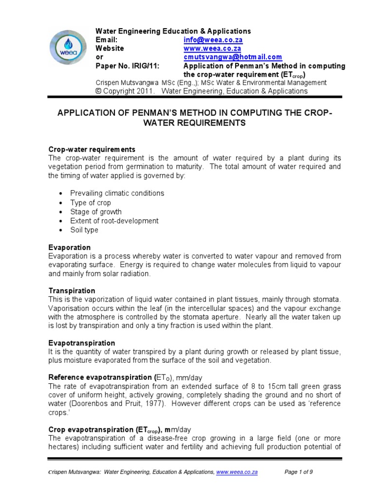 Penman Method To Compute Crop Water Requirement ETcrop | PDF ...