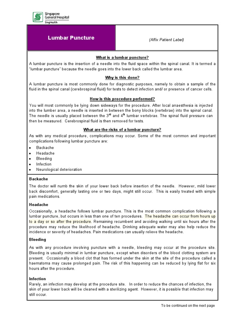 Lumbar Puncture Consent Form | PDF | Headache | Cerebrospinal Fluid