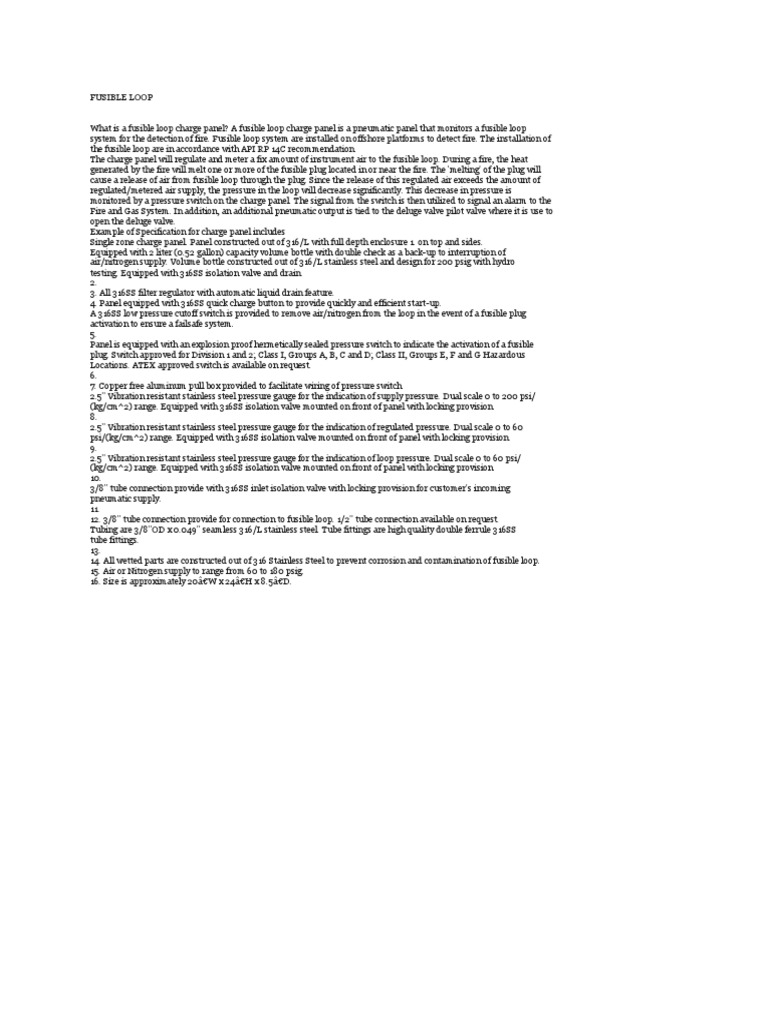 Specifications for a Single Zone Fusible Loop Charge Panel for ...