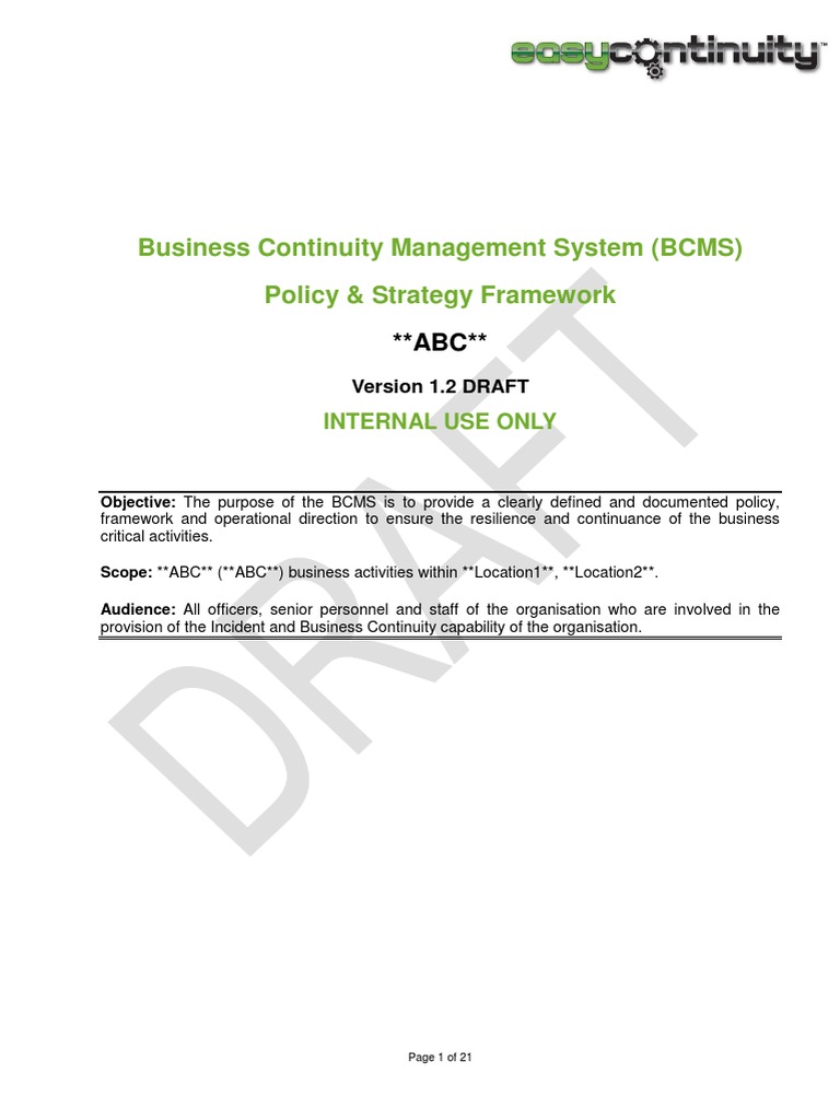 BCMS Policy & Strategy Framework | PDF | Business Continuity | Incident ...