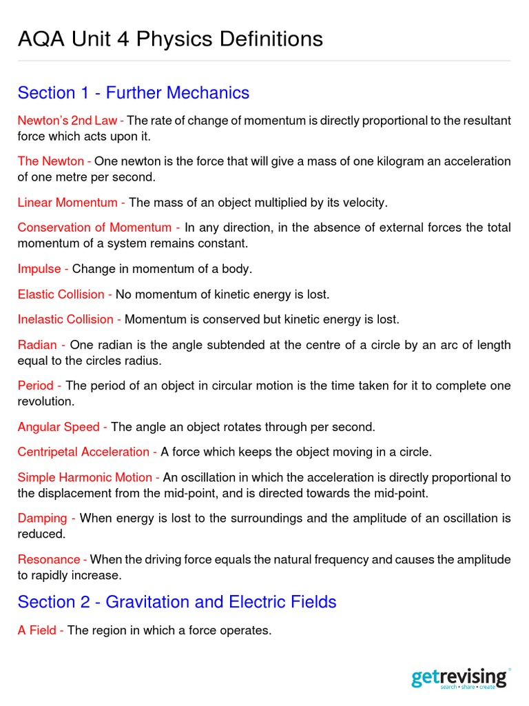 AQA Unit 4 Physics Definitions | PDF