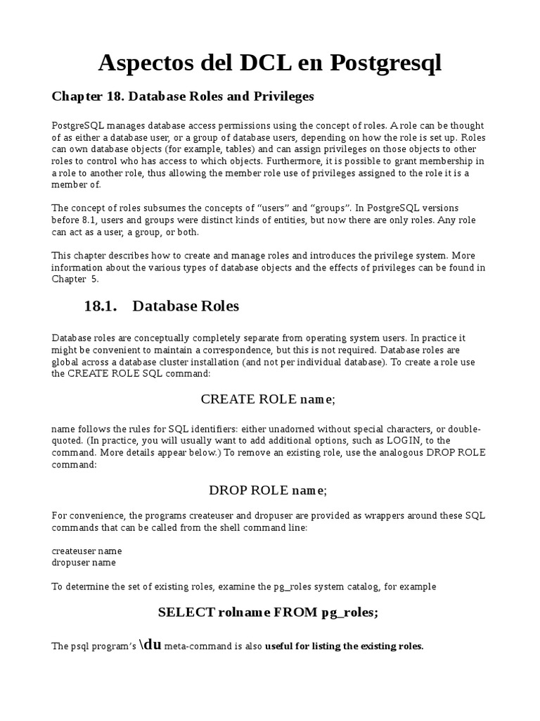 DCL Postgresql PDF | PDF | Superuser | Postgre Sql