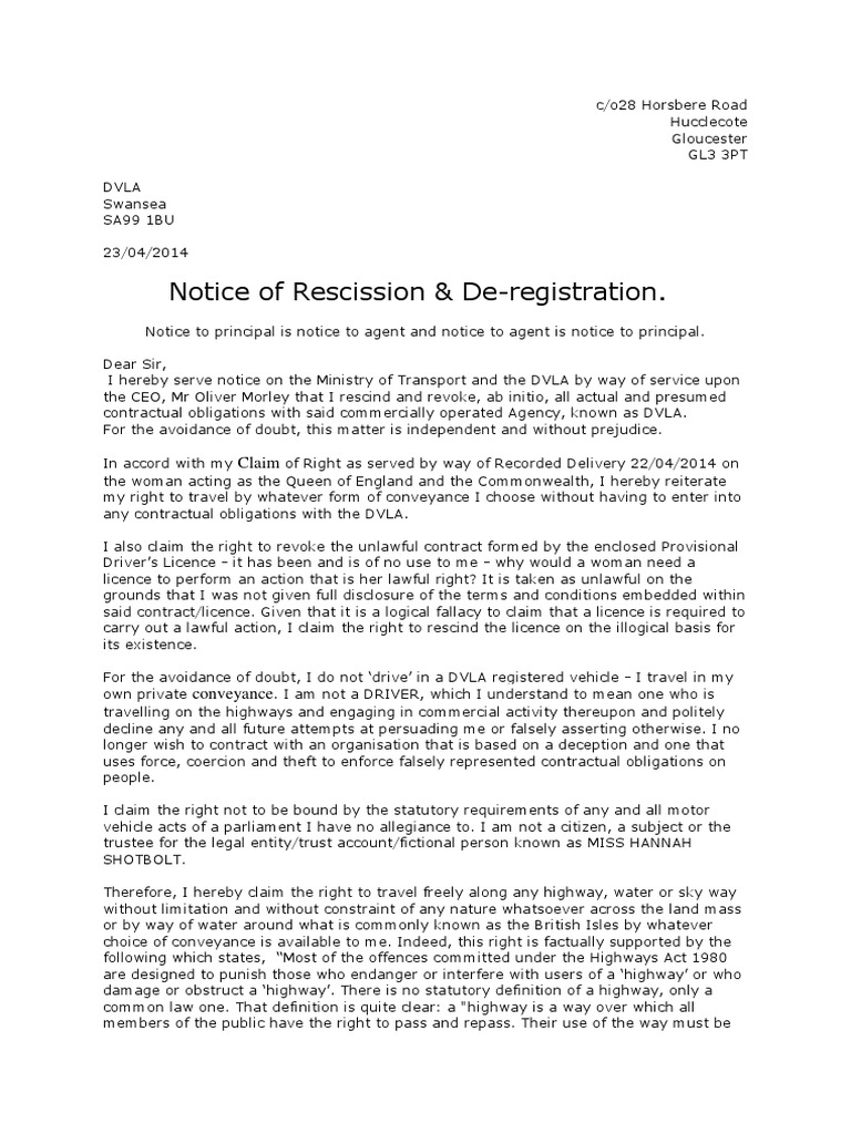 Notice of Rescinsion of License | PDF | Rescission | Freedom Of Movement