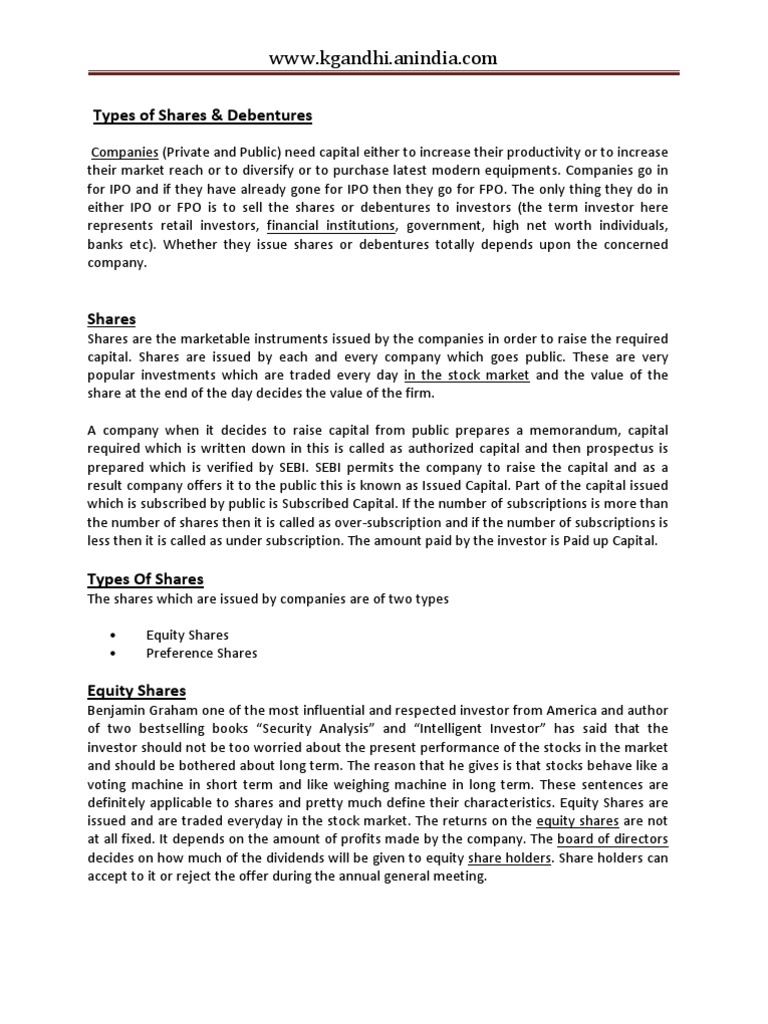 Types of Shares and Debentures Explained | PDF | Preferred Stock | Stocks
