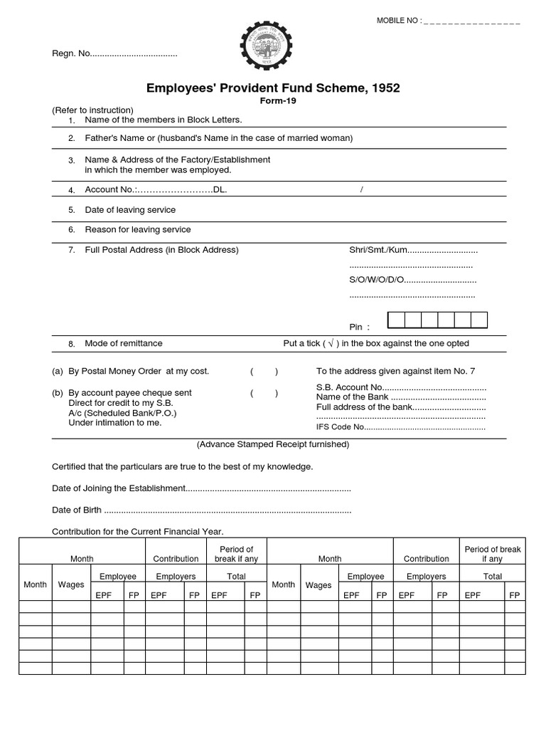 EPF Claim Form 19 Instructions | PDF