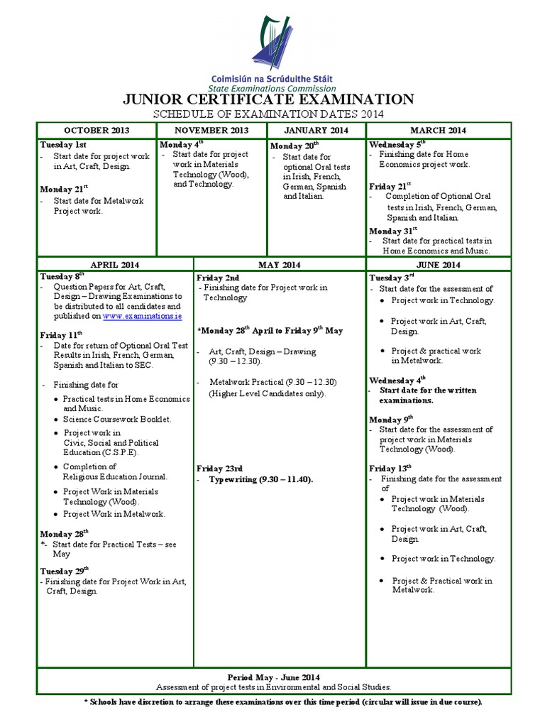 2014 Junior Certificate Examination Schedule: Key Dates for Project ...