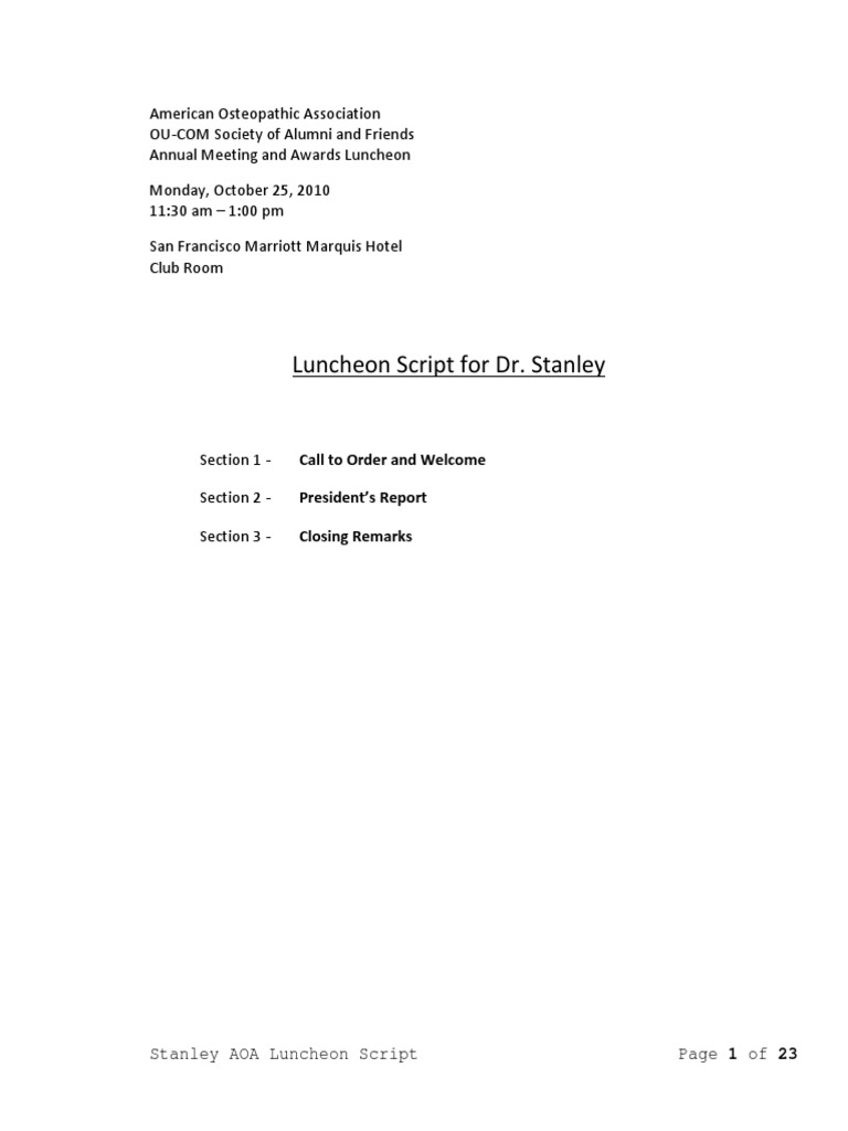 Luncheon Script For Dr. Stanley: Call To Order and Welcome President's ...