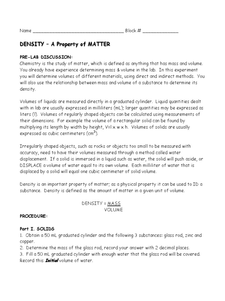 Density Lab | PDF | Volume | Density