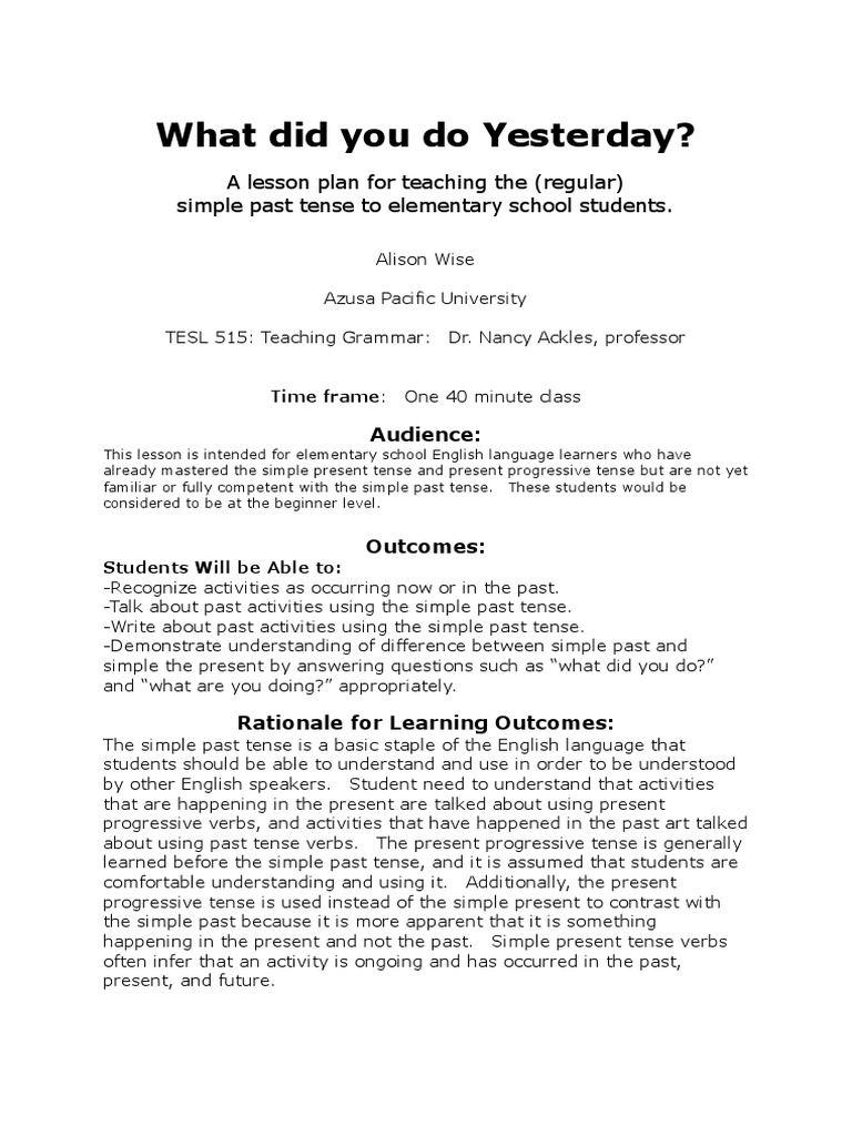 Alison Wise Lesson Plan Simple Past Tense For Beginners | PDF ...