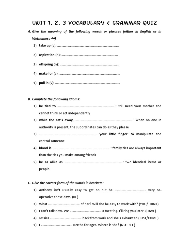 Unit 1+2+3 Vocabulary & Grammar Quiz | PDF | Linguistics | Languages
