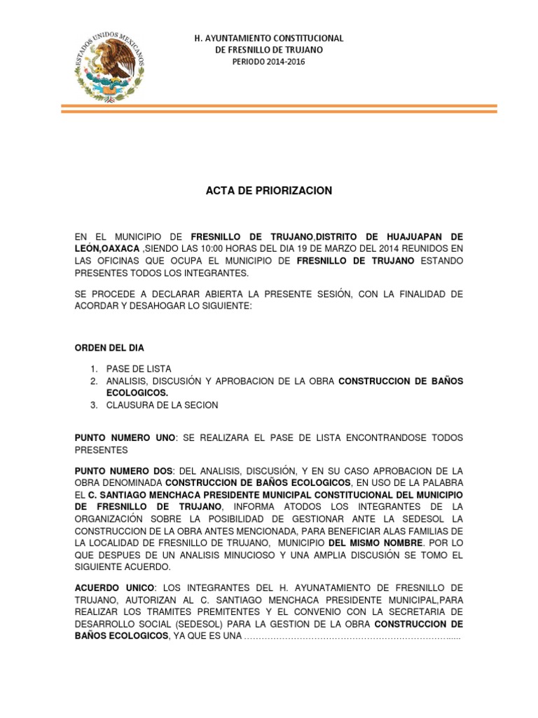 Acta de Priorizacion de Obra | PDF