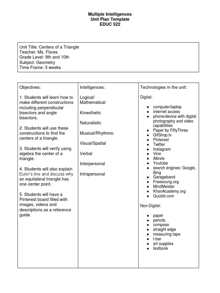 Triangle Centers Unit Plan for Geometry | PDF | Triangle | Collaboration
