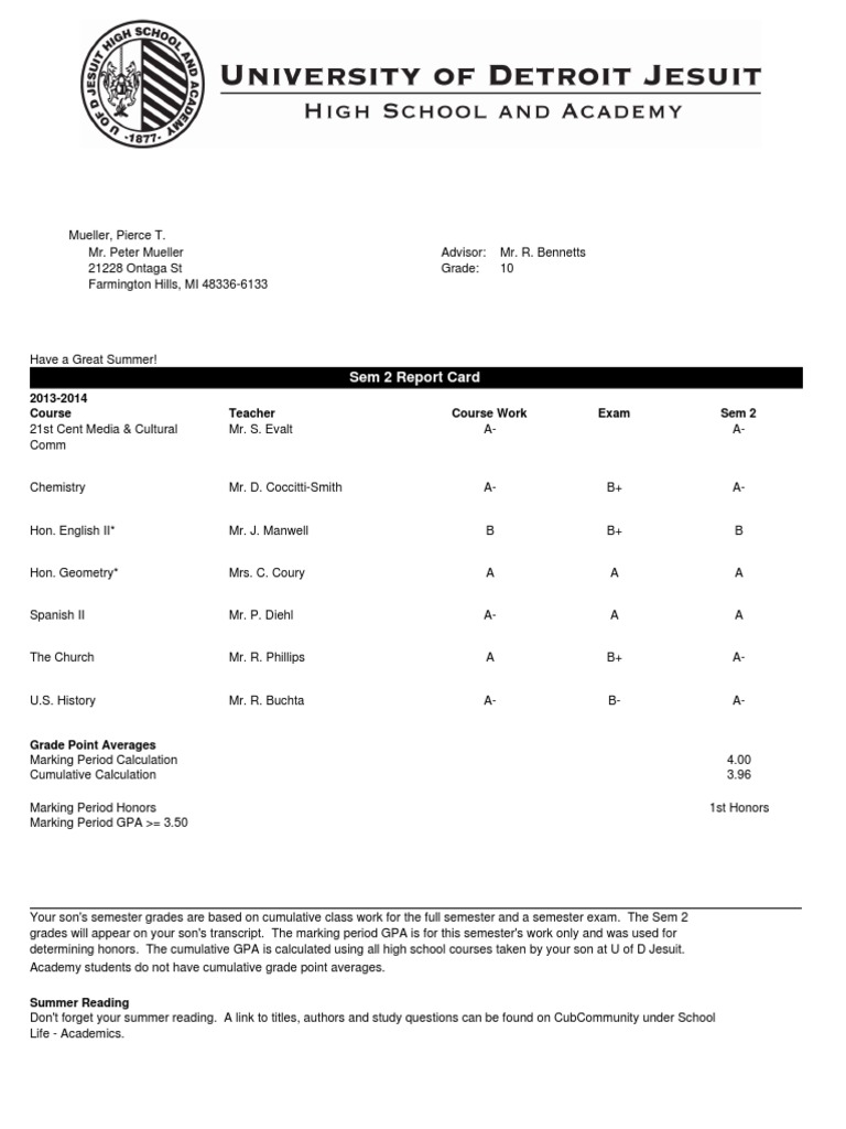 Peter Mueller's 10th Grade Report Card | PDF