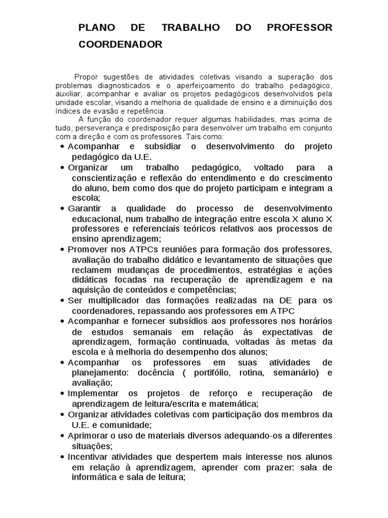 Plano de Trabalho Do Professor Coordenador | PDF | Escolas | Pedagogia