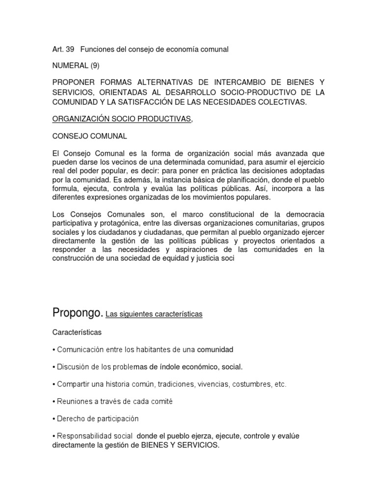 Art. 39 Funciones Del Consejo de Economía Comunal | PDF | Cooperativa | Bienes