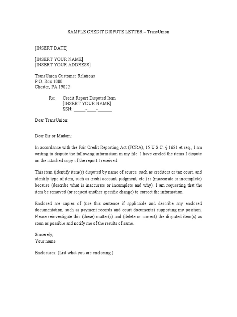 1105transunion Credit Dispute Letter | PDF