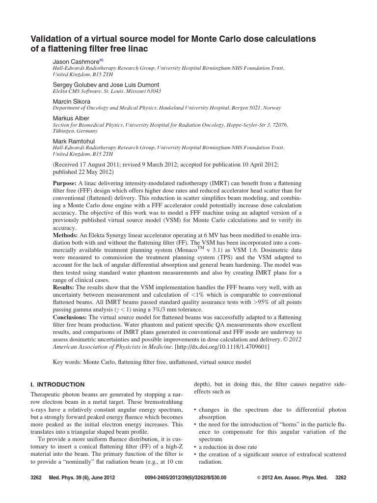 Validation Of A Virtual Source Model For Monte Carlo Dose Calculations Of A Fff Linac Pdf