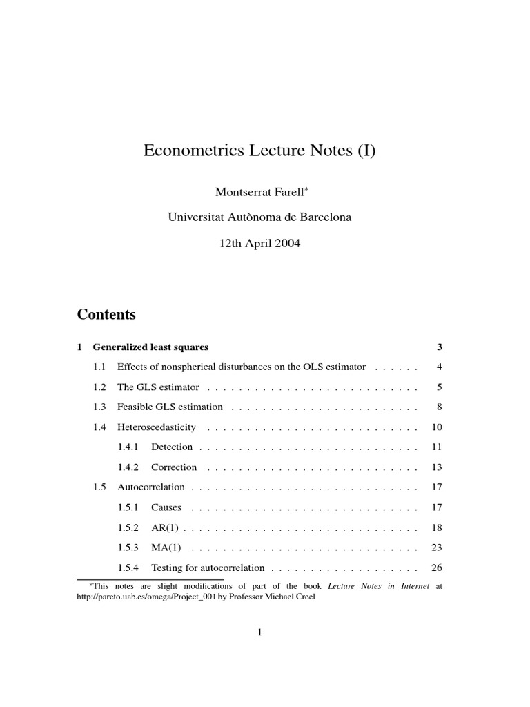 Econometrics Notes 1 Ordinary Least Squares Heteroscedasticity