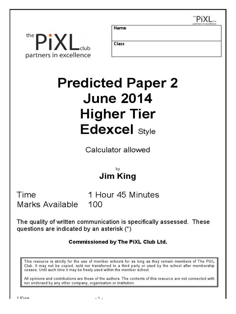 Pixl p2 Edexcel Higher June14 | PDF