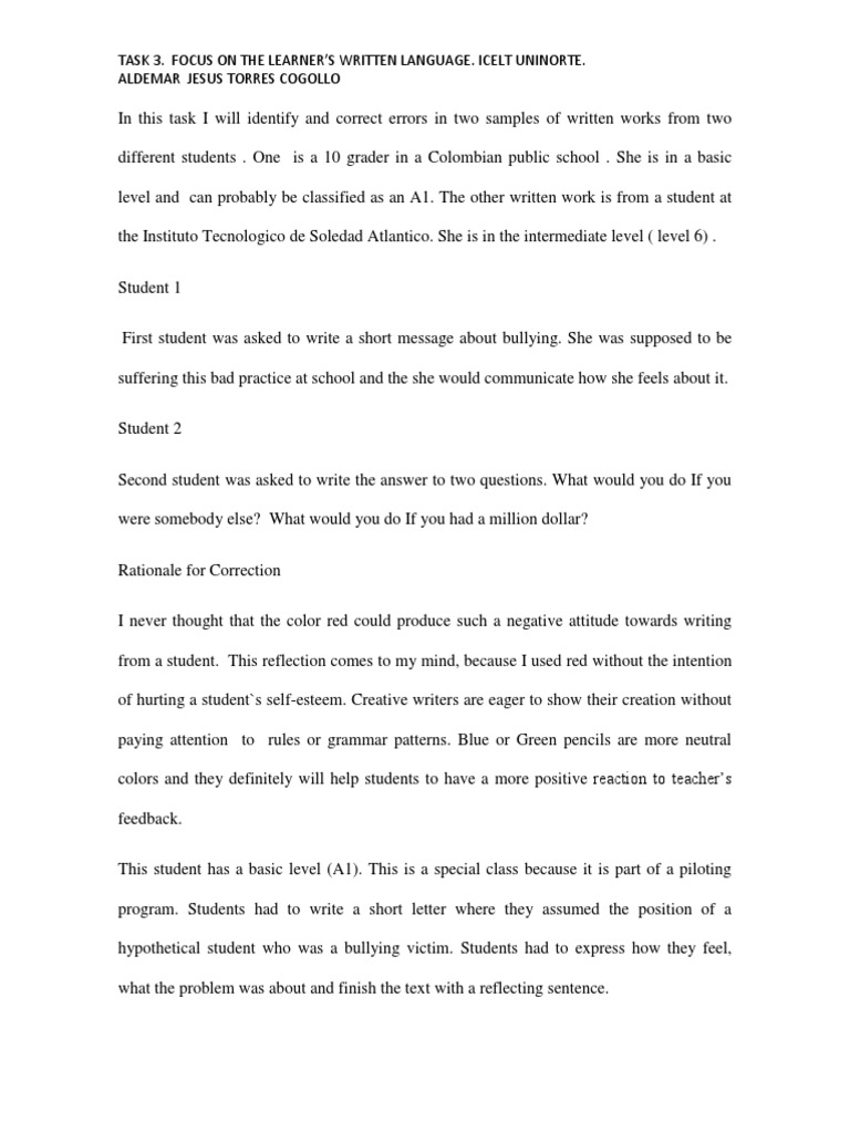 Task 3. Focus On The Learner Written Language. Aldemar Torres. | PDF ...