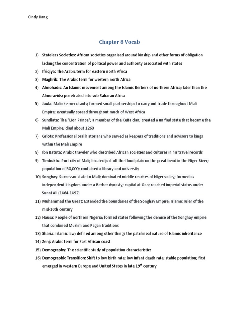 AP World History Chapter 8 Vocab | Mali | Africa
