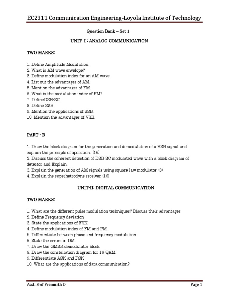 EC2311 Communication Engineering Question Bank | PDF | Modulation ...