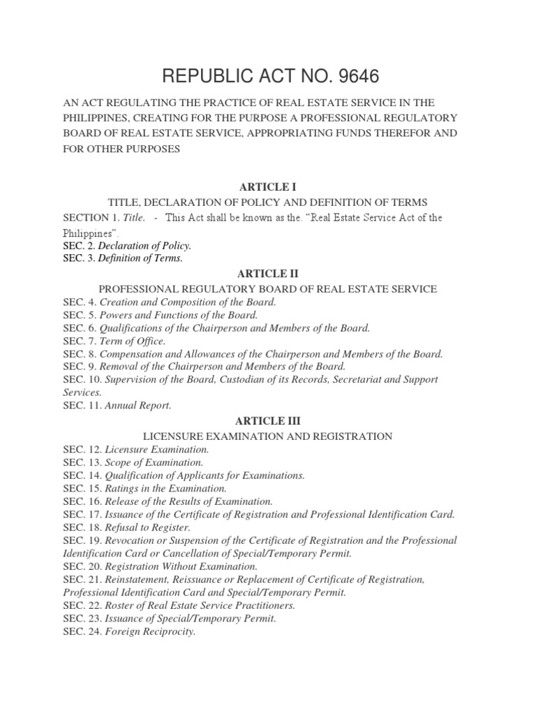 Outline of RA 9646 (RESA) | Real Estate Broker | Licensure | Free 30 ...