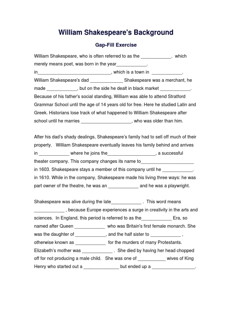 Shakes Bio Fill in | PDF | William Shakespeare | Tragedy
