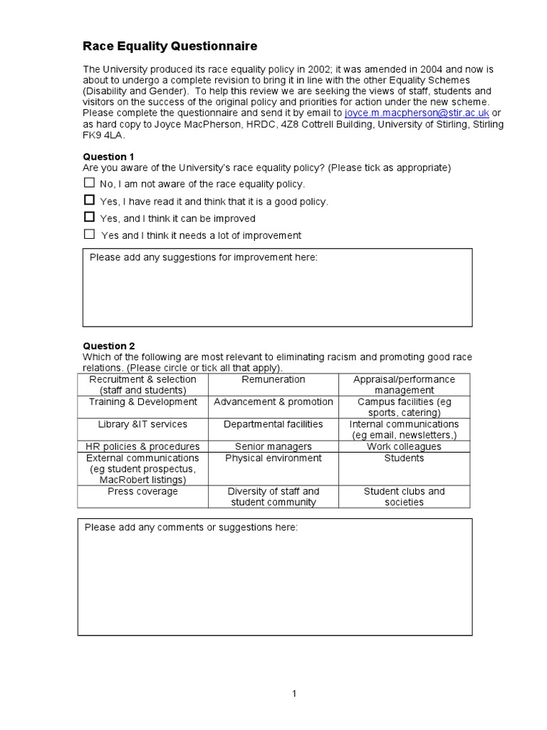 Race Equality Feedback Questionnaire | PDF | Justice | Crime & Violence