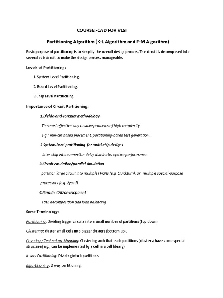 Course Cad For Vlsi Partitioning Algorithm K L Algorithm And F M Algorithm Download Free
