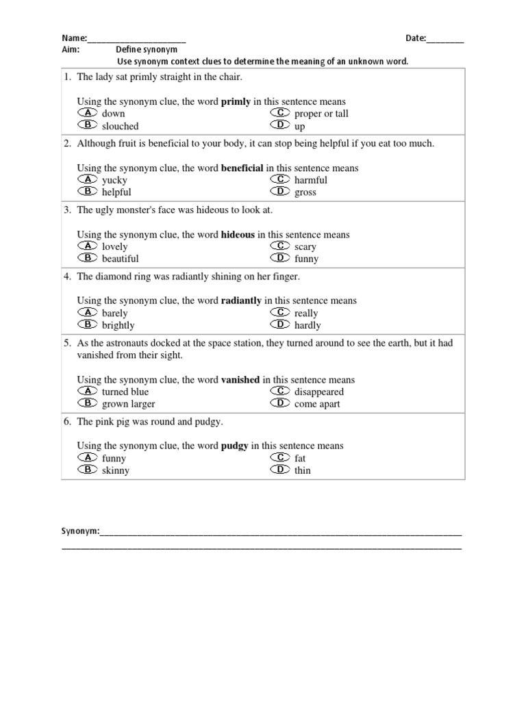 Context Clues Unit - Synonym | PDF | Sentence (Linguistics)