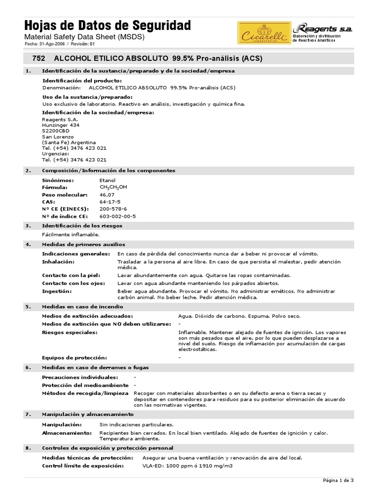 MSDS Alcohol Etílico | PDF | Etanol | Agua