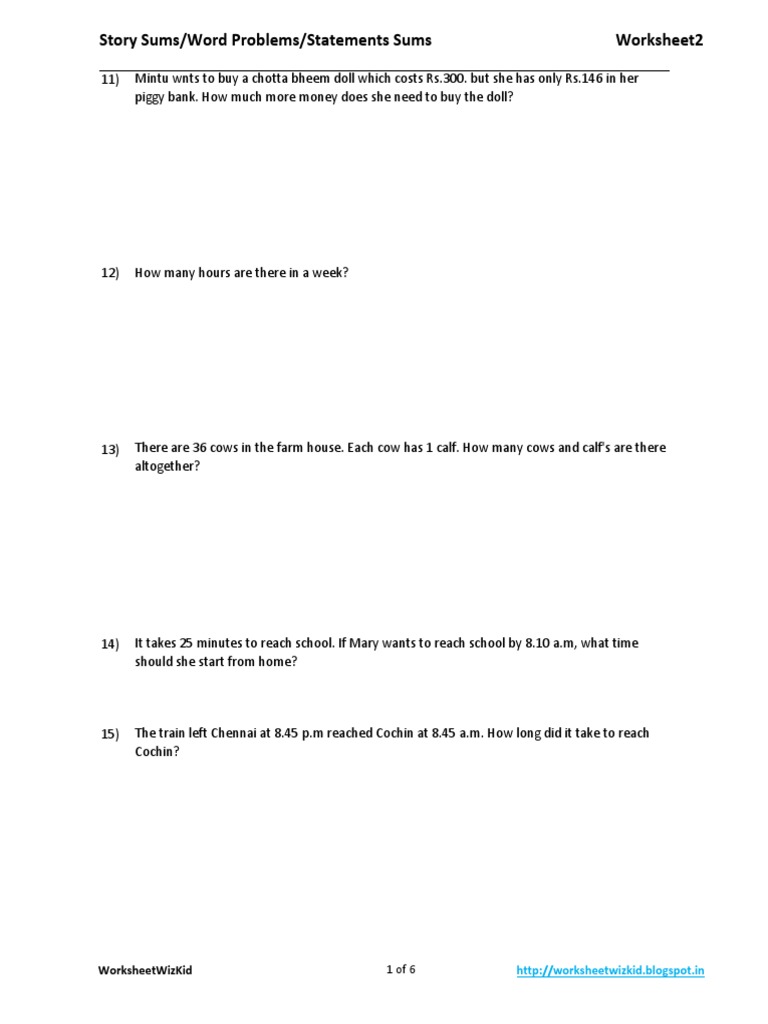 Story Sums/Word Problems/Statements Sums Worksheet2: Worksheetwizkid ...