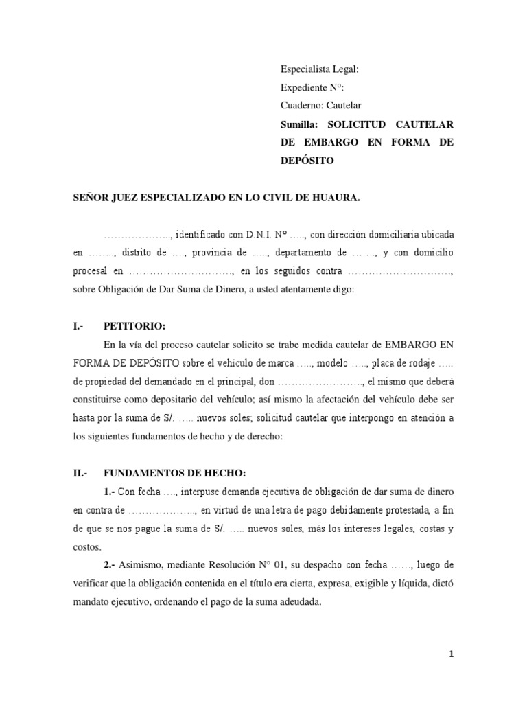 Solicitud de Embargo en Forma de Depósito - Modelo | PDF | Mandato ...