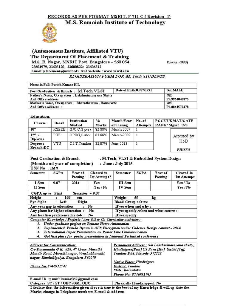 Punith Registration Form For MTech Mod | PDF