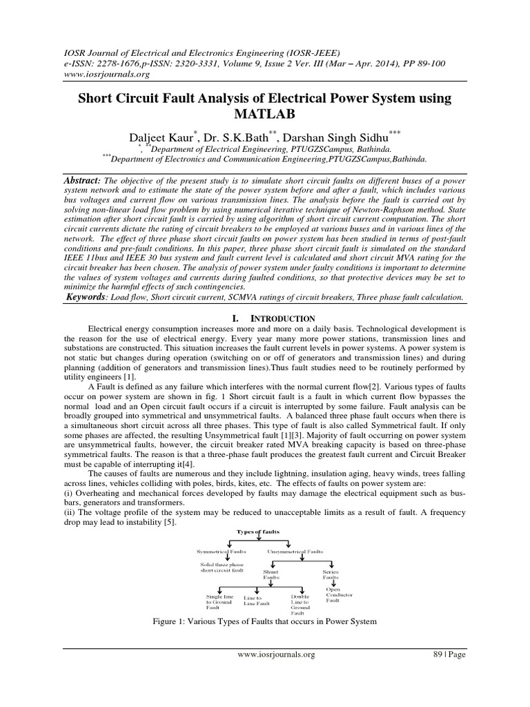 Short Circuit Fault Analysis Of Electrical Power System Using Matlab Pdf Electric Power