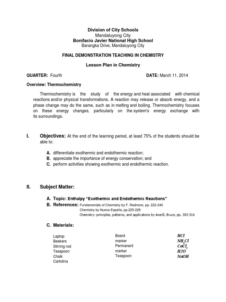Exothermic and Endothermic Reactions Lesson | PDF | Enthalpy | Heat