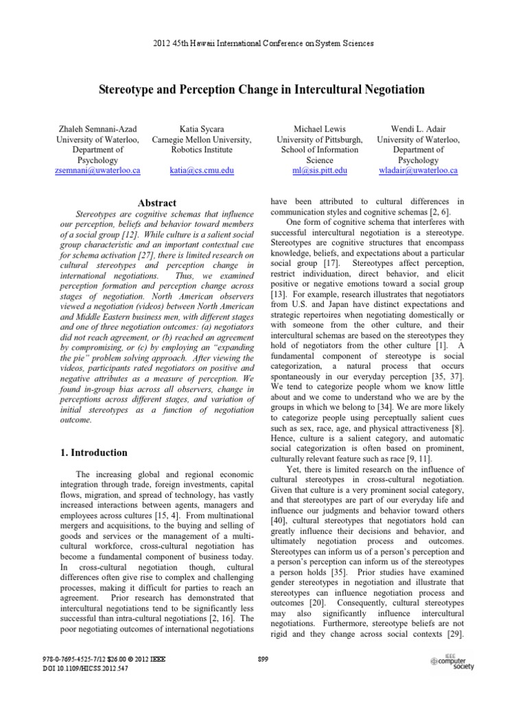 Stereotype and Perception Change in Intercultural Negotiation | PDF ...