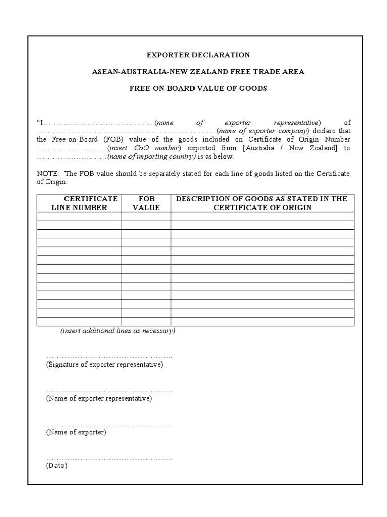 Exporter Declaration for AANZFTA | PDF