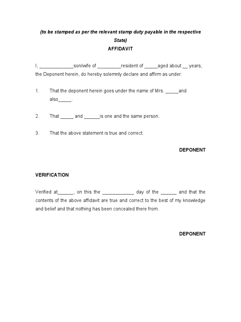 Affidavit: (To Be Stamped As Per The Relevant Stamp Duty Payable in The ...