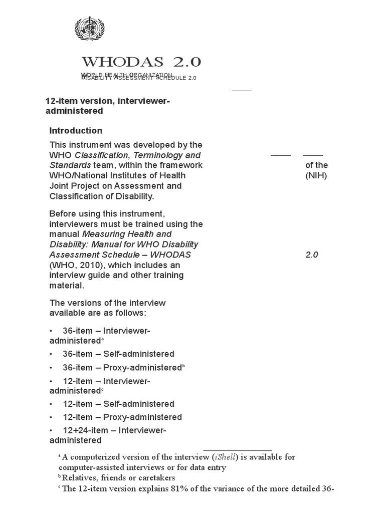 Whodas 2.0 - 12 Items Interview | PDF | Science | Wellness