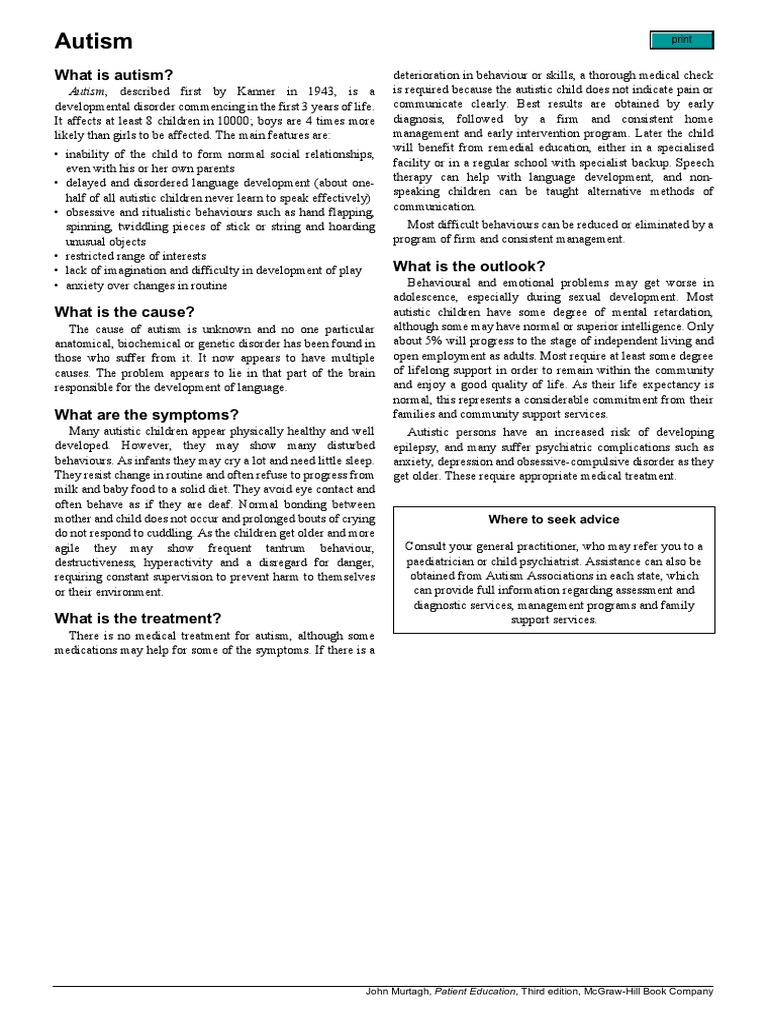 Autism, Described First by Kanner in 1943, Is A: Print | PDF | Autism ...