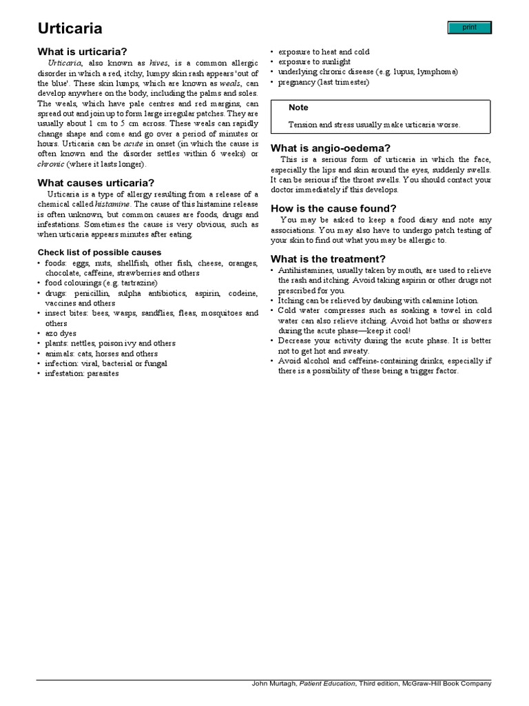 Urticaria, Also Known As Hives, Is A Common Allergic: Print | PDF ...