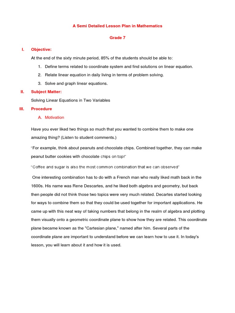 Semi Detailed Lesson Plan In Mathematics Lesson Plan Education Theory 