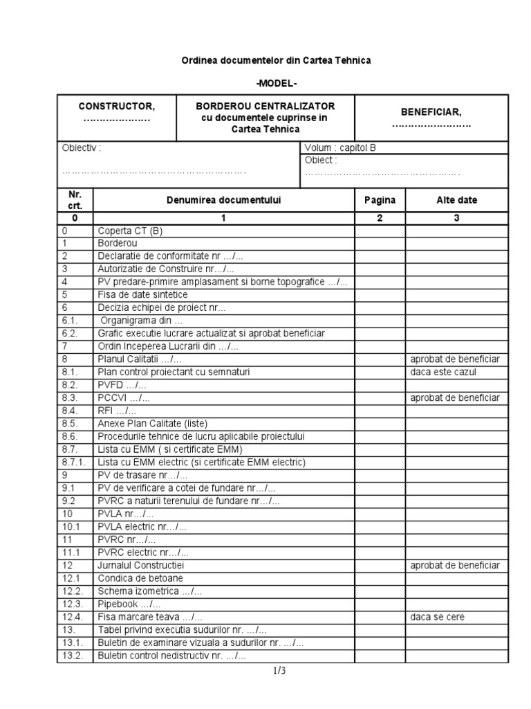 Borderou Centralizator Cartea Tehnica A Constructiei Model | PDF