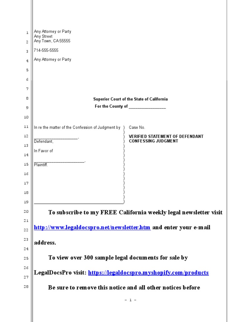 Sample Confession of Judgment For California | PDF | Lawsuit | Virtue